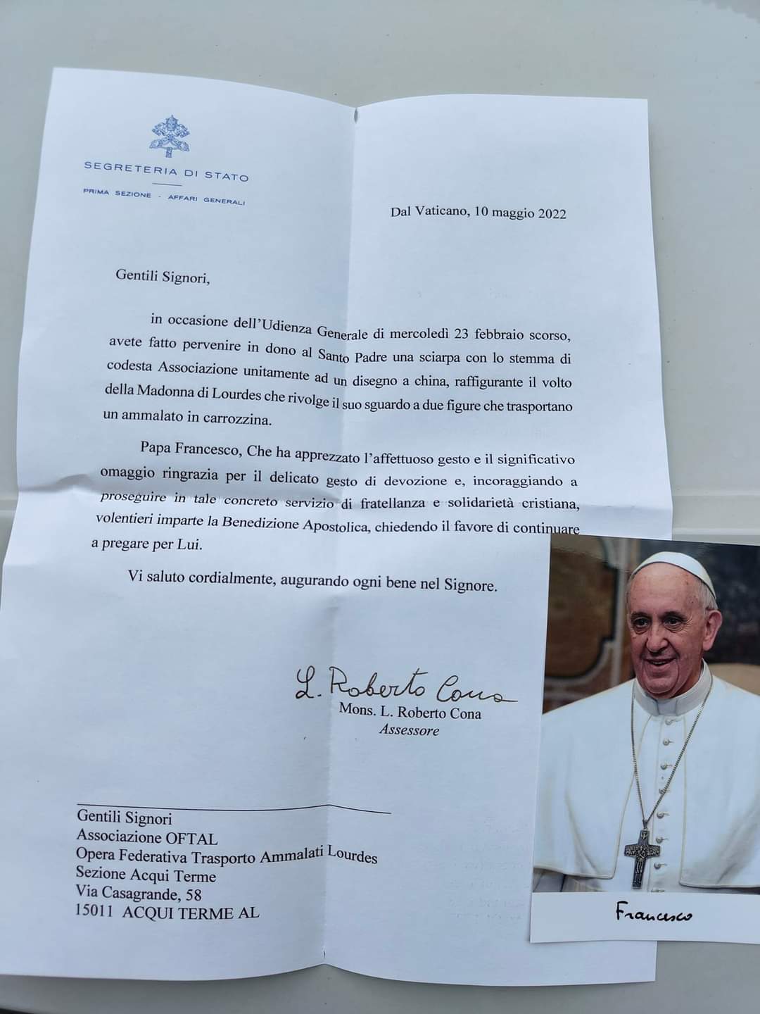 Per l' OFTAL Acqui una lettera di Papa Francesco - Diocesi di ACQUI Per l' OFTAL Acqui una lettera di Papa Francesco - Diocesi di ACQUI